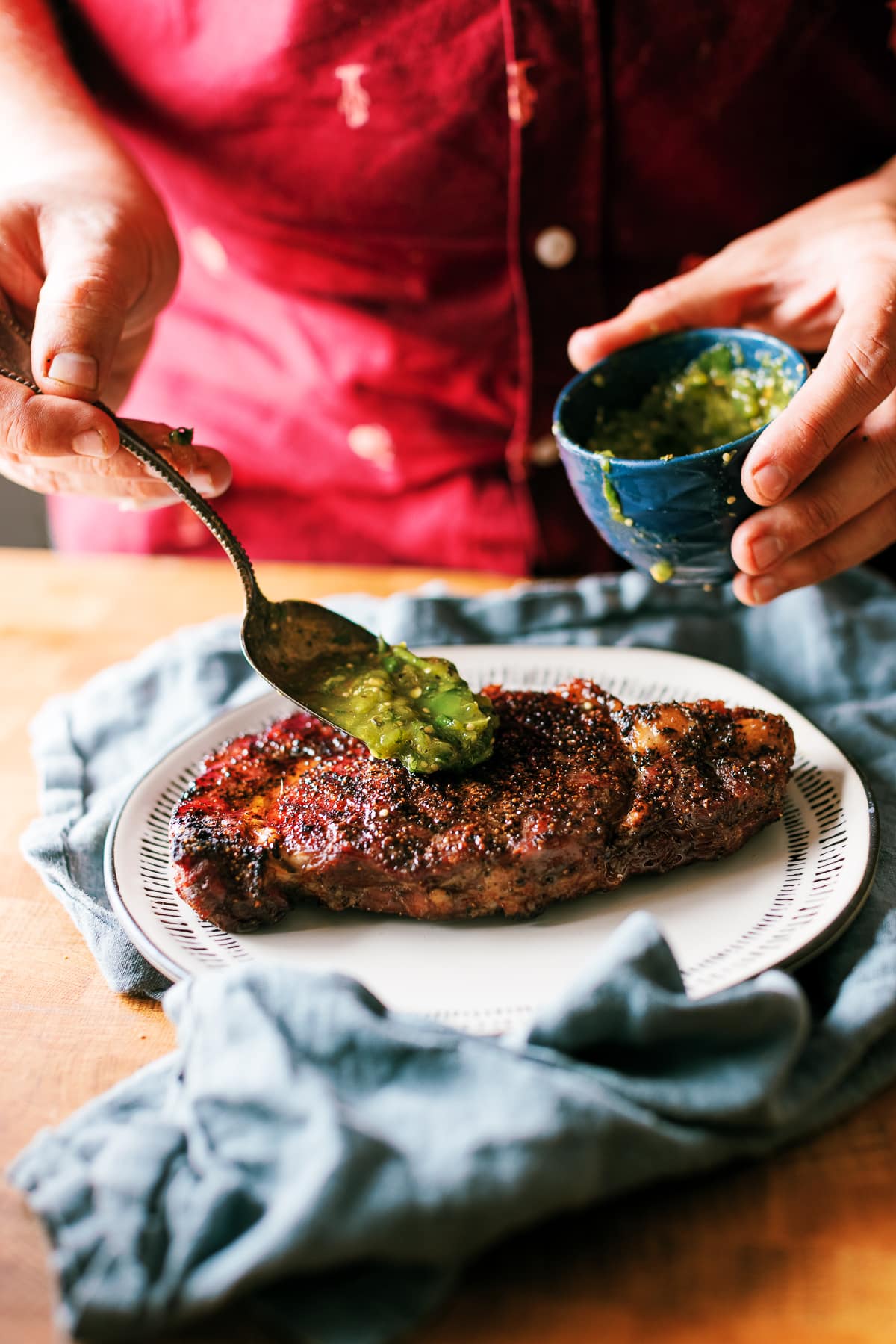 Grilled Rib Eye Steaks With Hatch Pepper Verde Sauce - Dad With A Pan